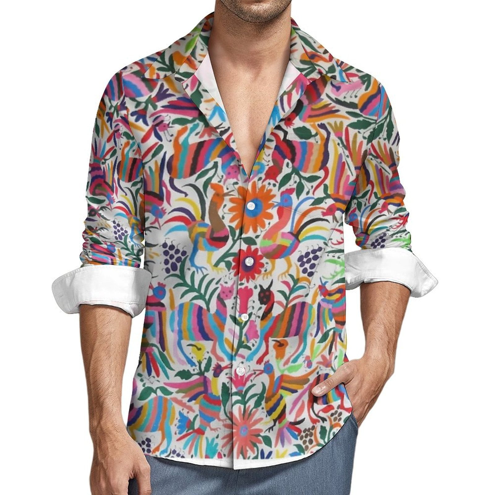 Otomi Fabric Mexico Art Hawaiian Shirt for Men Long Sleeve Button Down ...