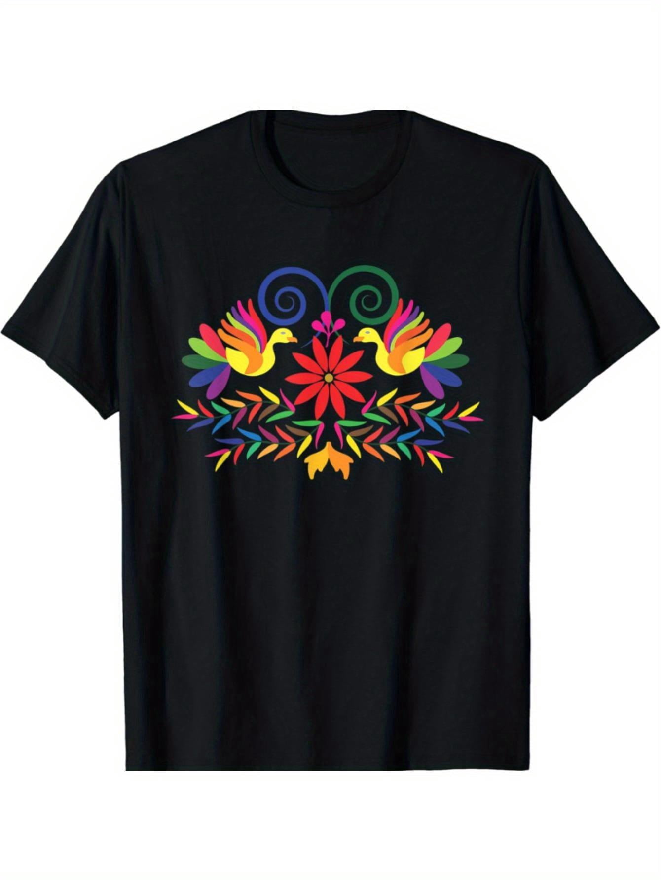 Otomi Mexican Colorful Bird Flower Vine Symbol Pattern T-Shirt ...