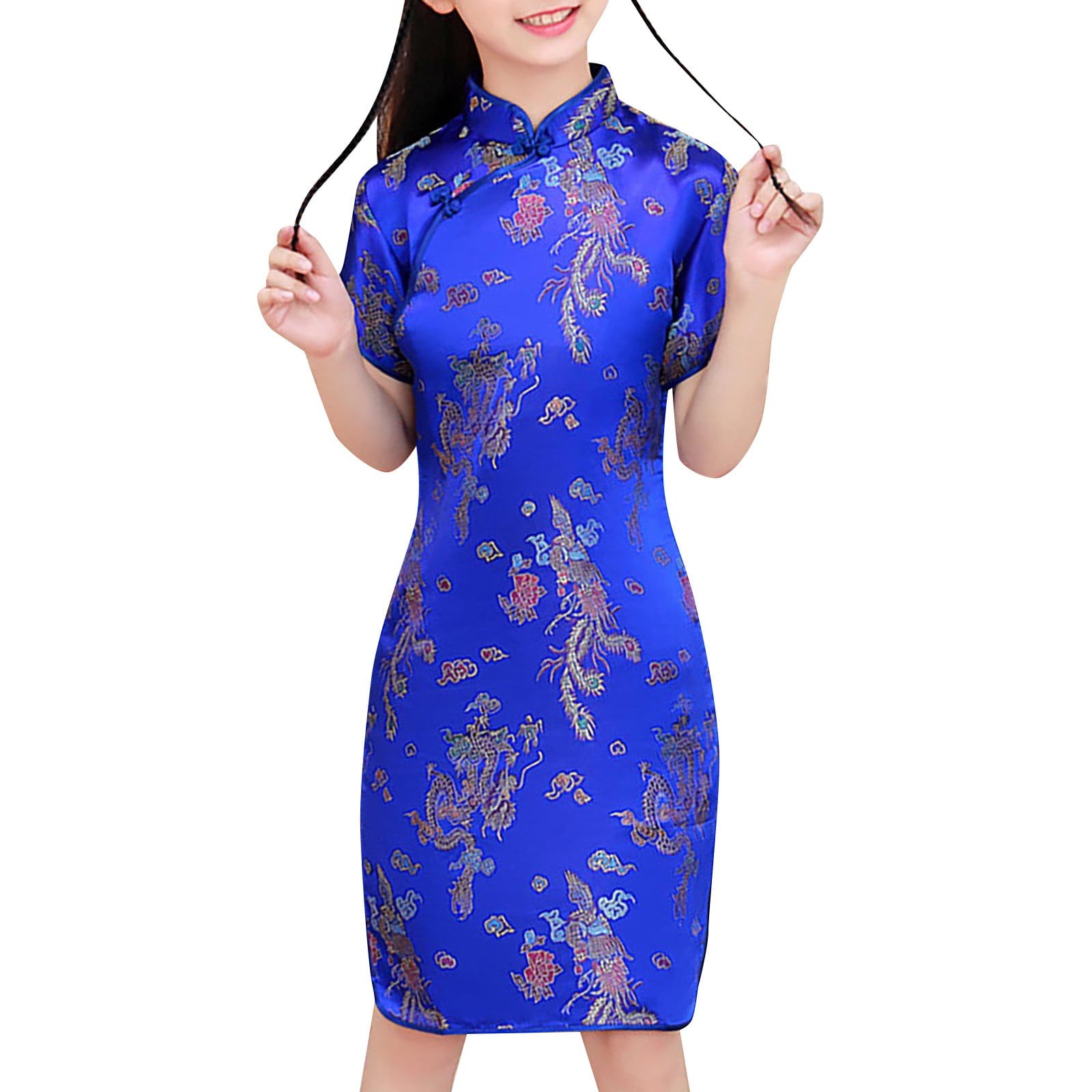 Otqutp Girls' Qipao Half Sleeve Cheongsam Retro Knot Button Stand ...