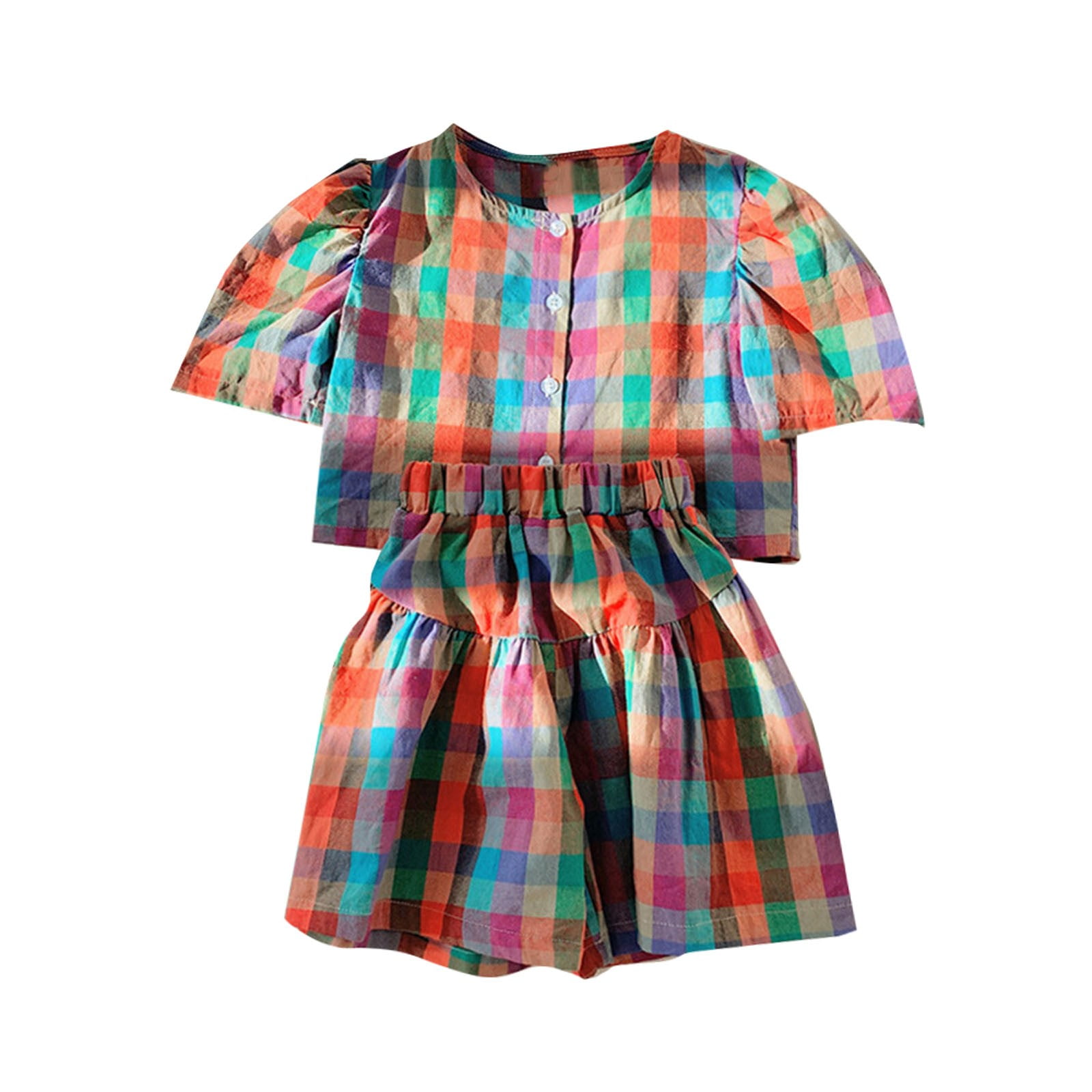 Otqutp Kids Birthday Outfits Set Summer Puff Sleeve Plaid Shirt + Wide ...