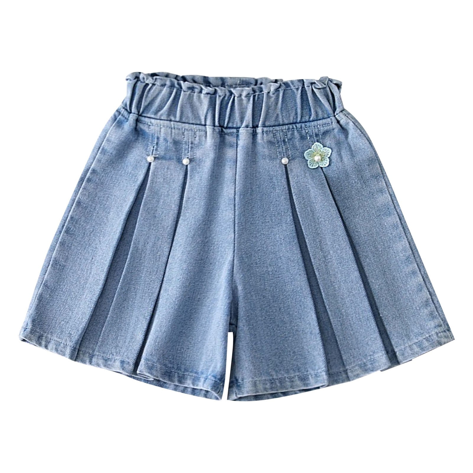 Otqutp Kids Girls Flower Decoration Ruffle Hem Denim Pleated Flared ...