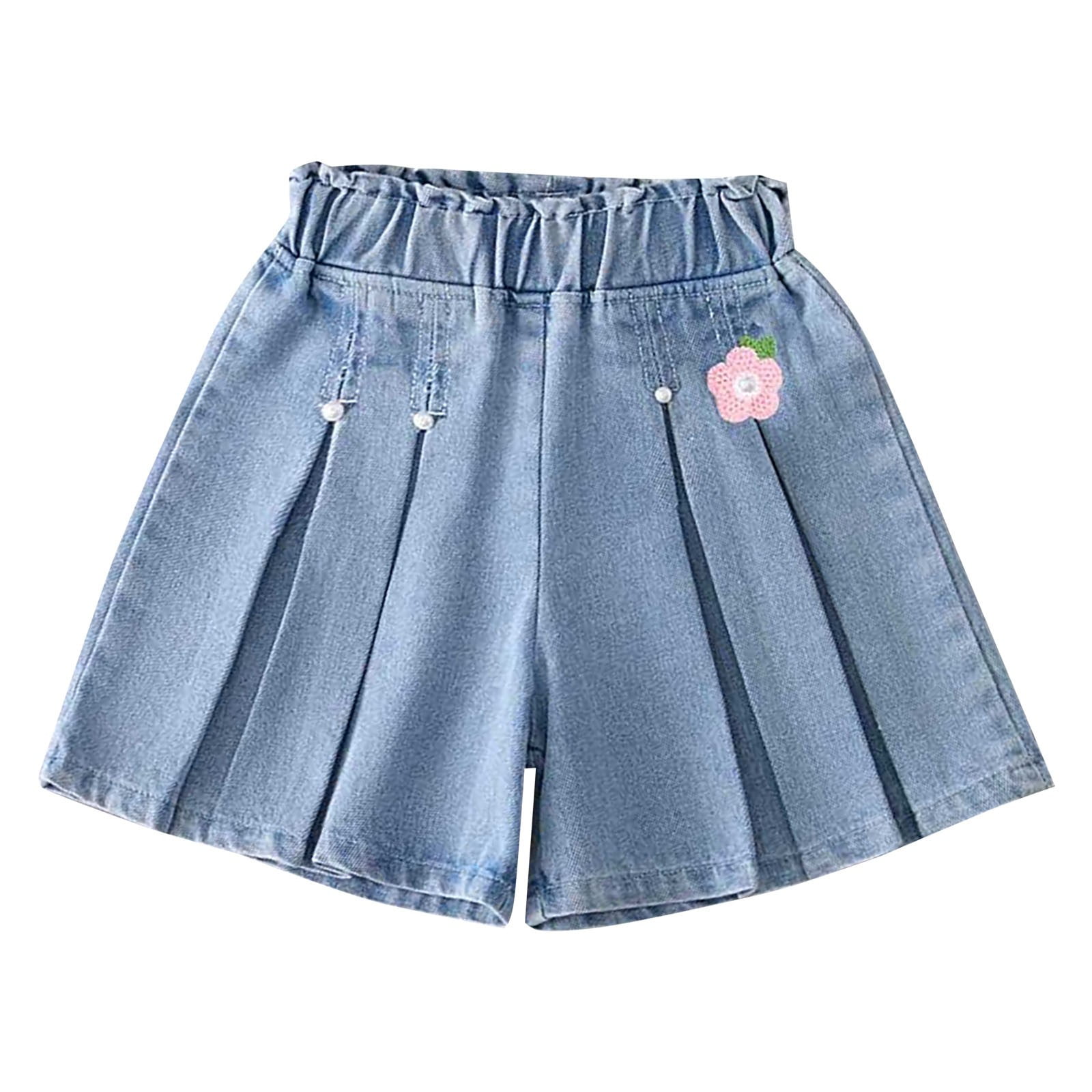 Otqutp Kids Girls Flower Decoration Ruffle Hem Denim Pleated Flared ...