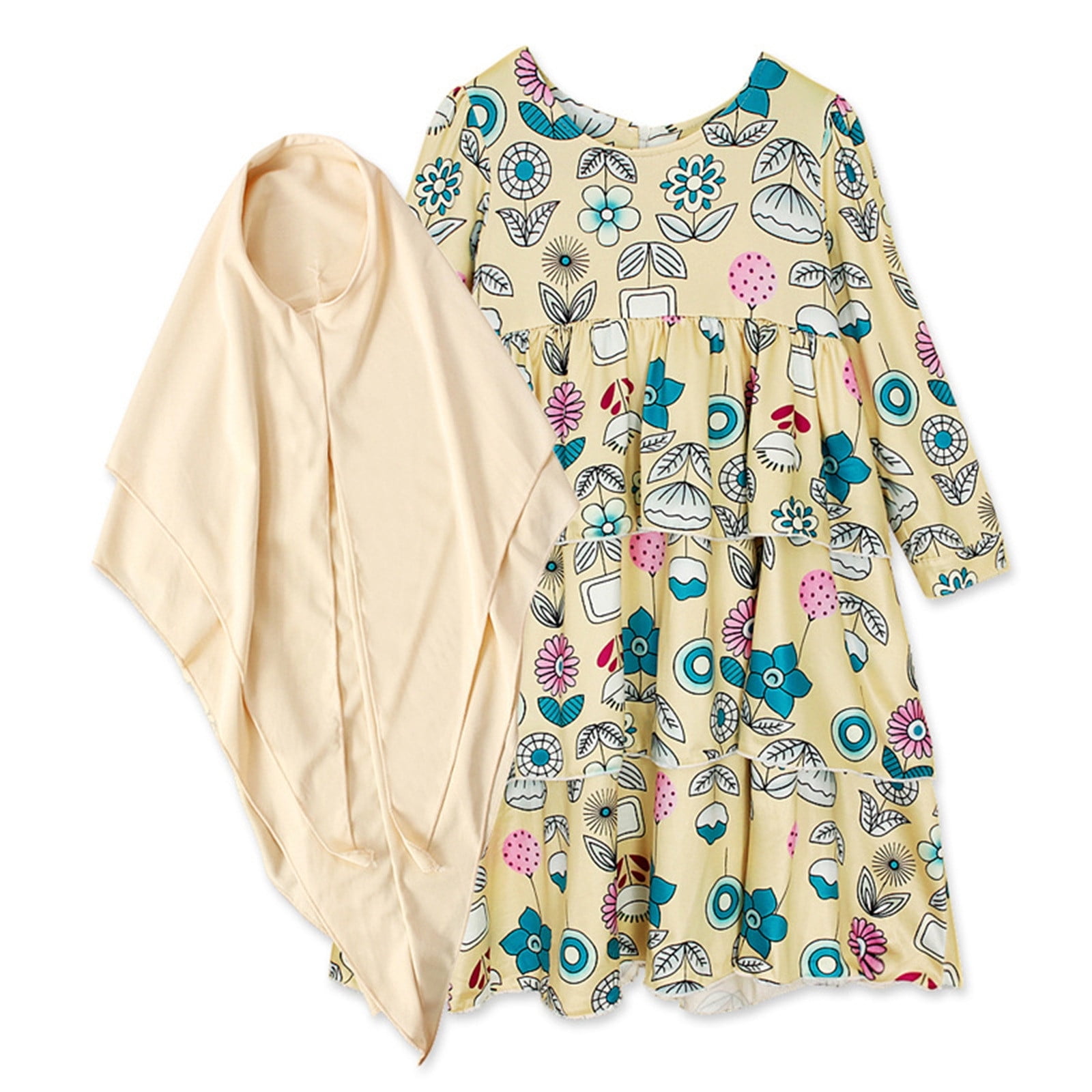 Otqutp Muslim Girls Prayer Dress with Hijab Kids 𝗙loral Print 𝗜slamic ...