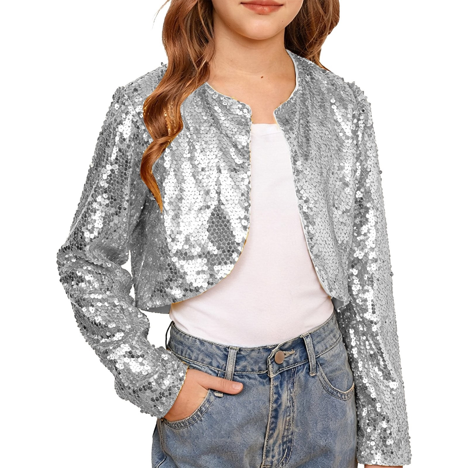 Otqutp Sequin Bolero Girls Jacket Long Sleeve Glitter Open Front Shrug ...
