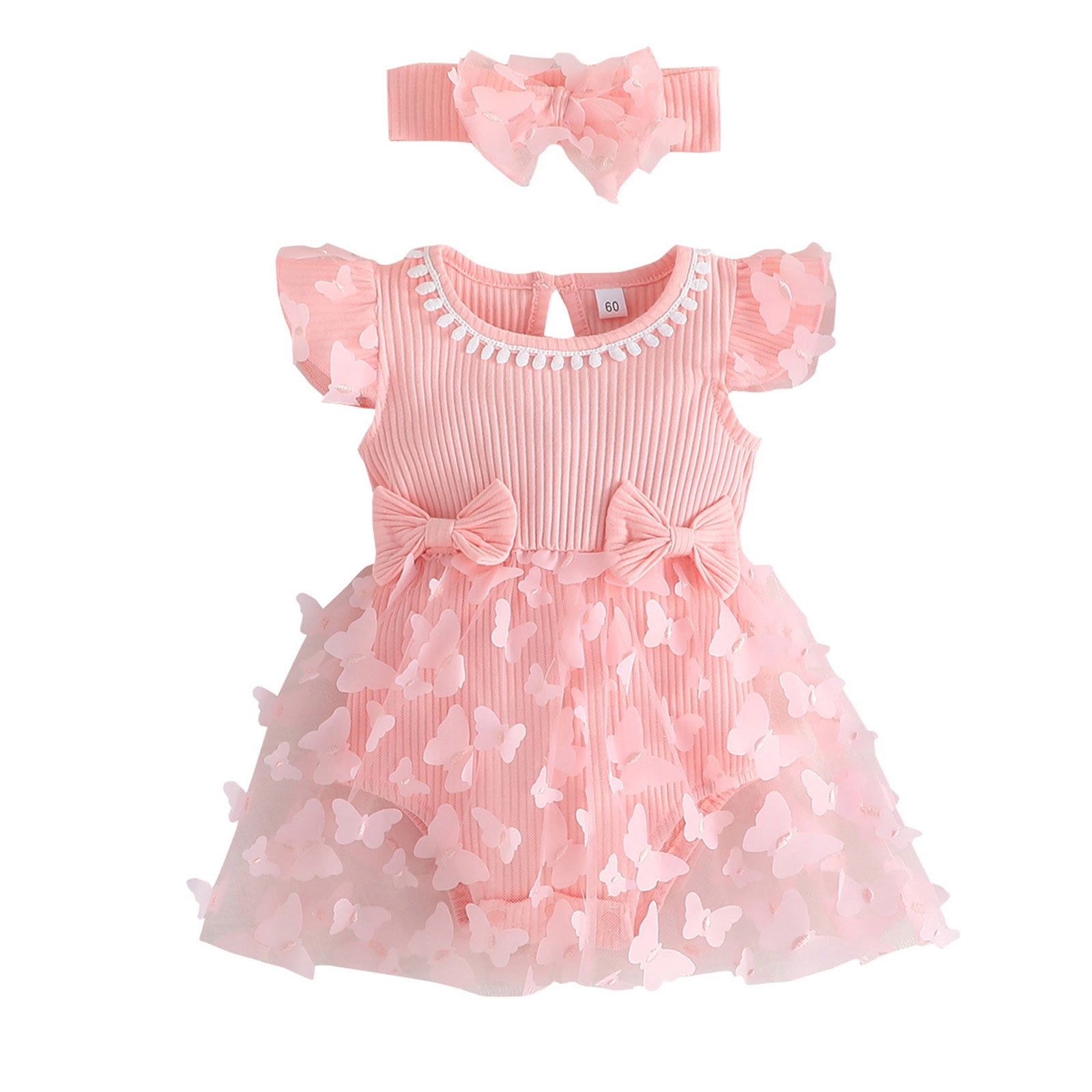 Otqutp Toddler 2024 Playsuit Girls Fly Sleeve 3D Butterfly Tulle Romper Ribbed Bodysuits Dress ...