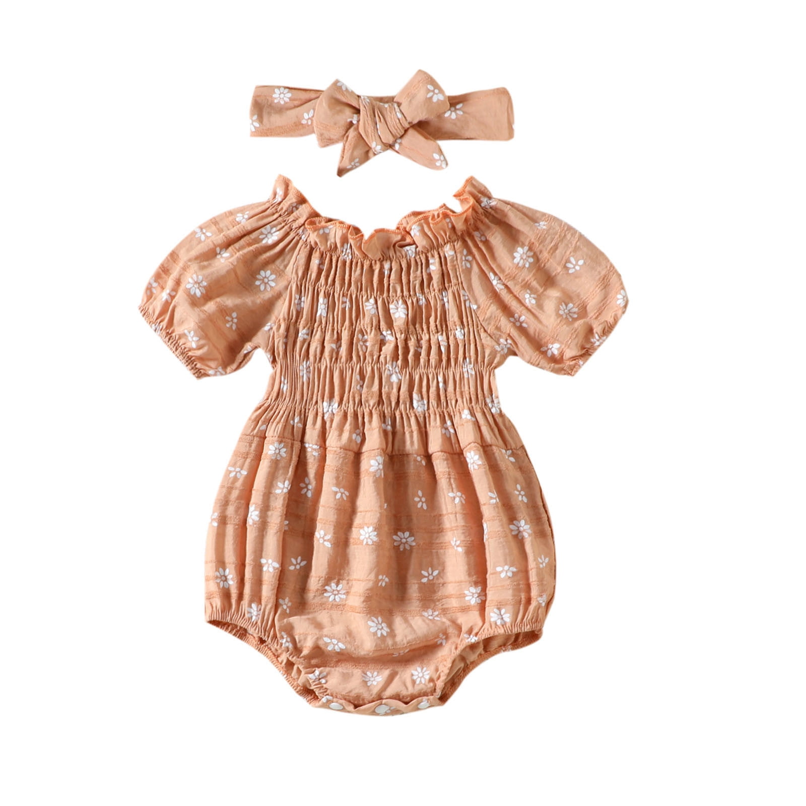 Otqutp Toddler Spring Jumpsuit Girls Short Sleeve Floral Prints Romper Bodysuits Dress Headbands ...