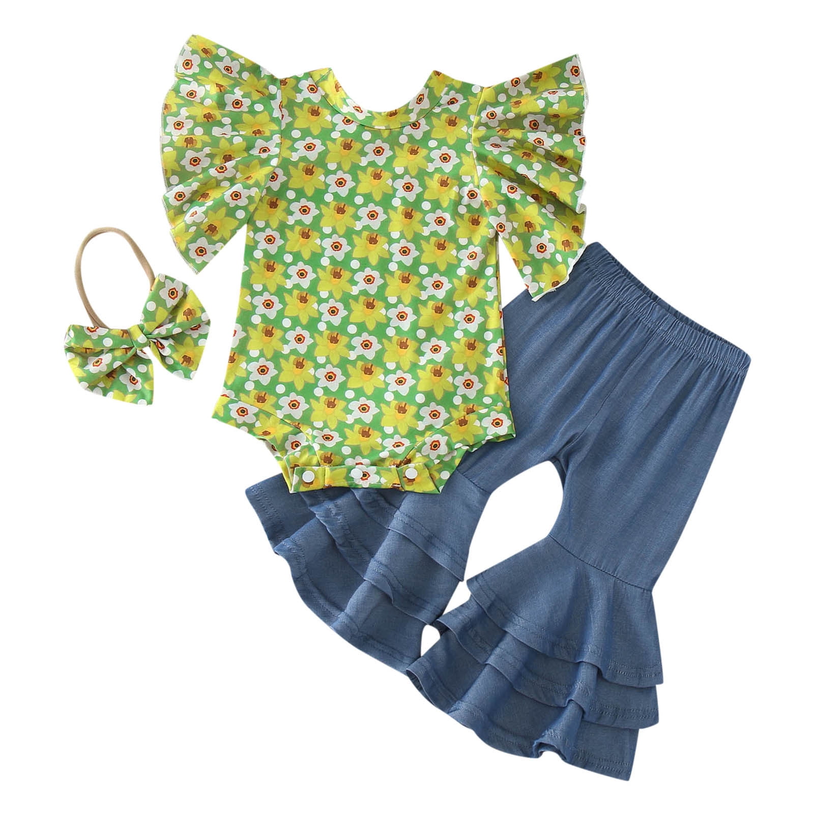 Otqutp Wedding Bodysuit for Toddler Girls Summer Flying Sleeve Flower Prints Romper Pants ...