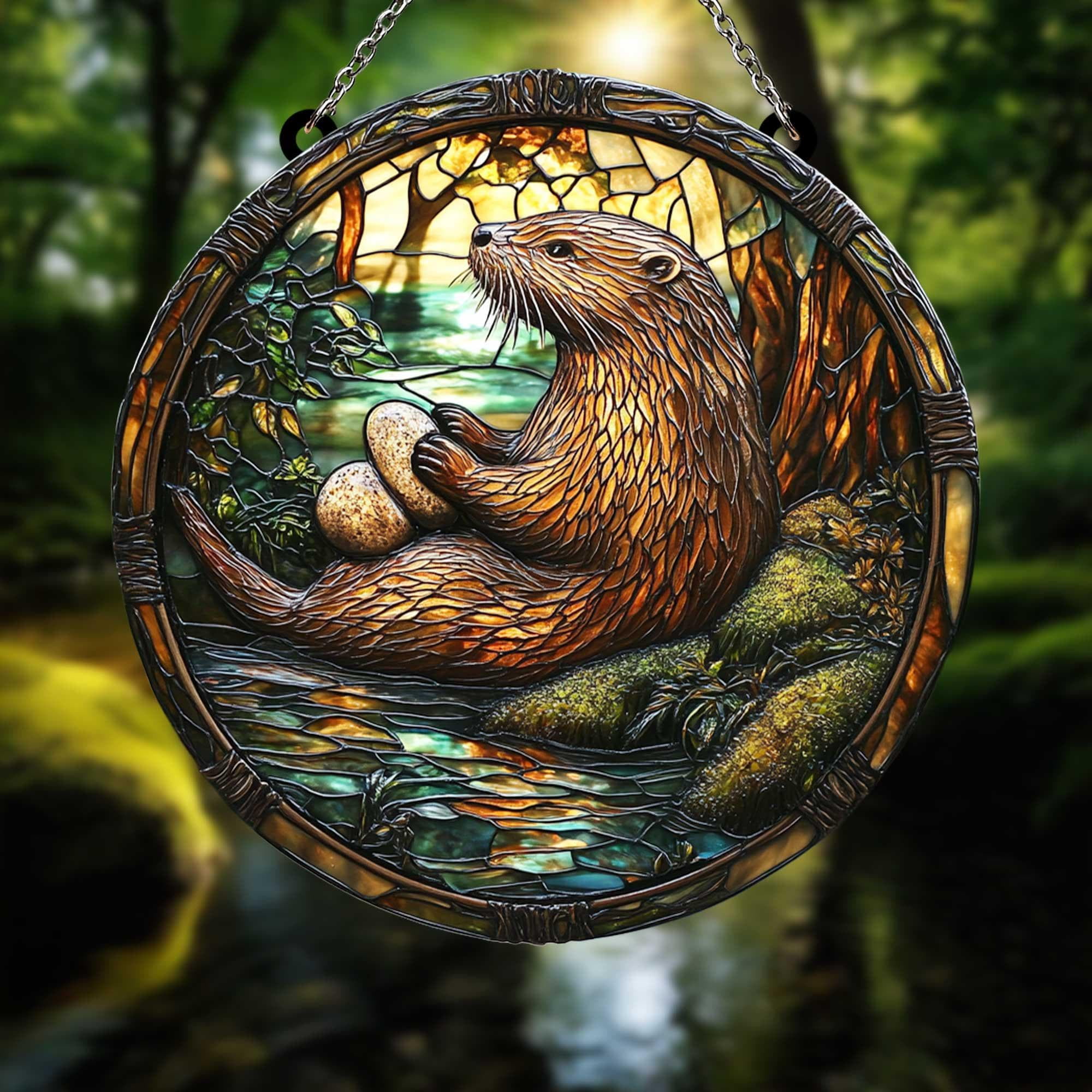 Otter ACRYLIC Suncatcher - Faux Stained Glass Window Hanging with River and Stones - Woodland ...