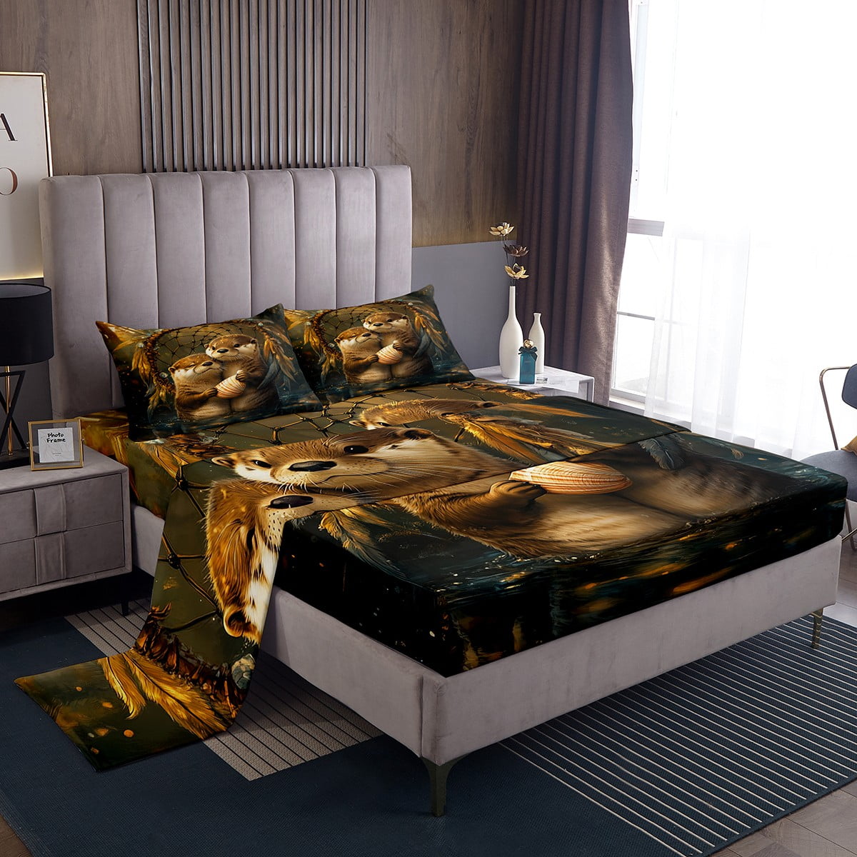 Otter Bed Sheets Set Dreamcatcher Sheets,Boho Feather Sheet Set Full ...