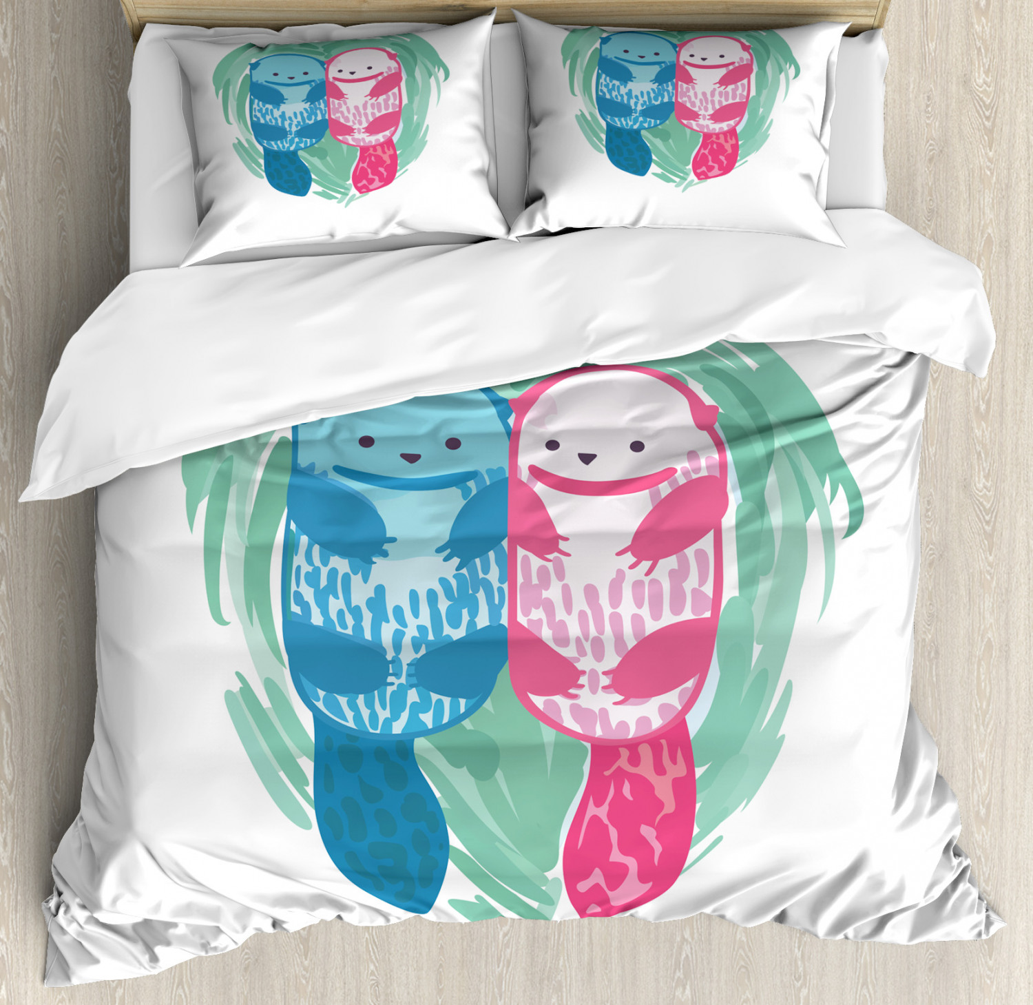 Otter Duvet Cover Set Queen Size, Cute Water Mammal Watercolor Abstract ...