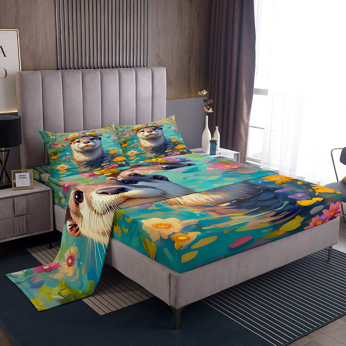 Otter Floral Bed Sheet Set 2 Pillowcases,River Otter Natural Wild ...