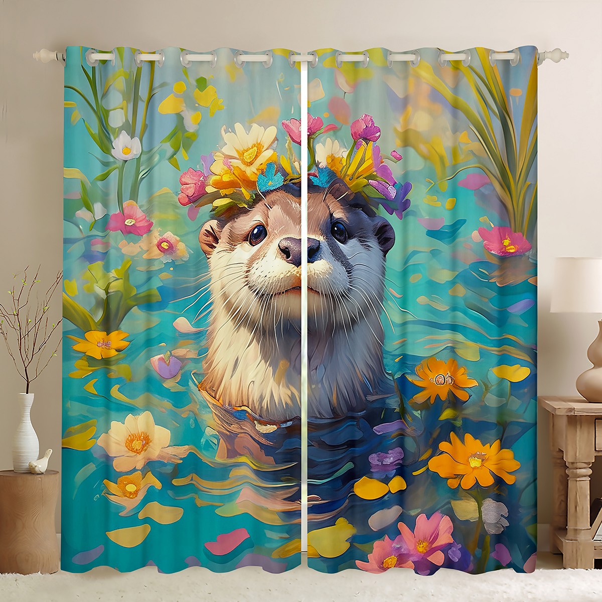 Otter Floral Curtains for Bedroom 42Wx84L,River Otter Natural Wild ...