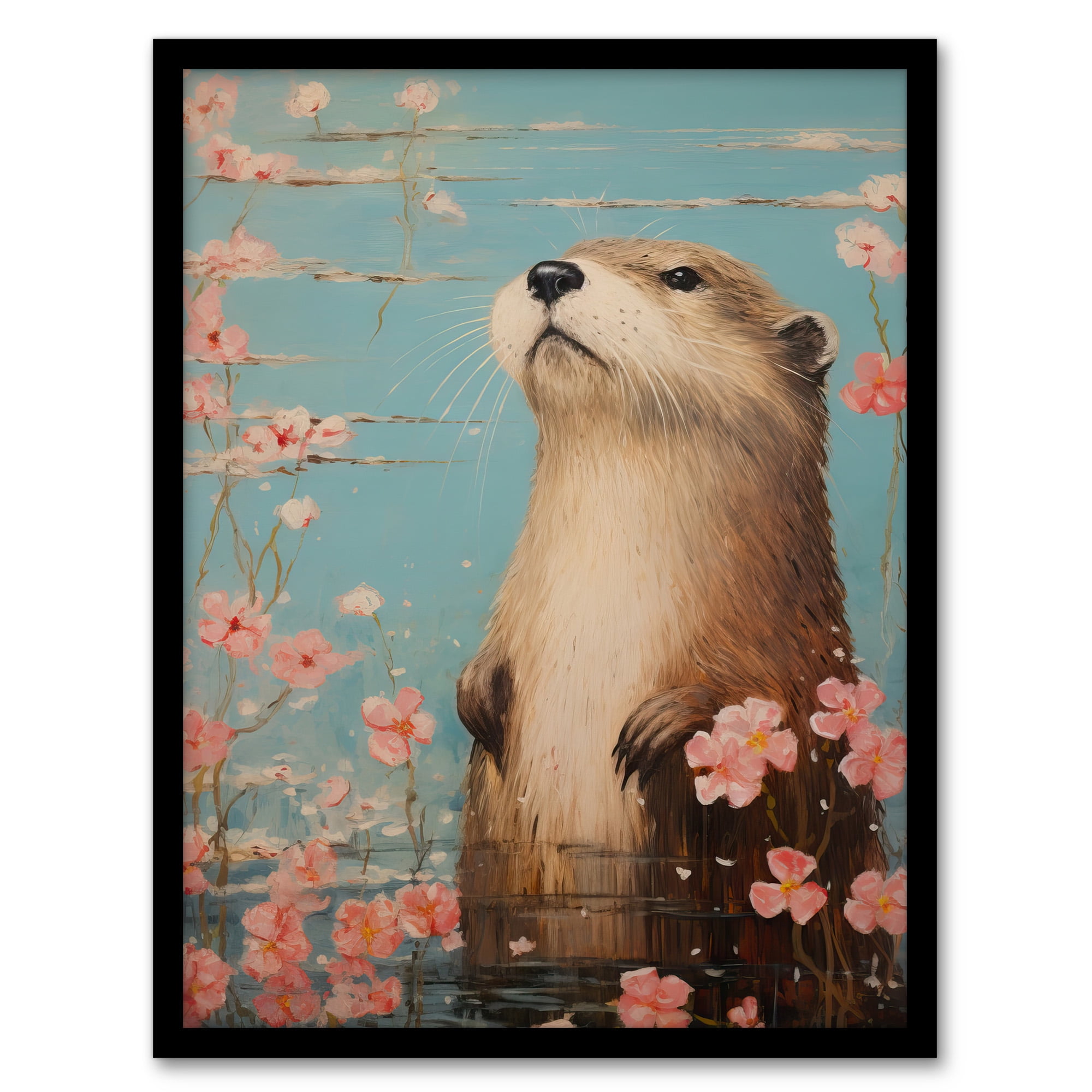 Otter On The Water Scent Of Pink Hibiscus Blooms Oil Painting Artwork ...