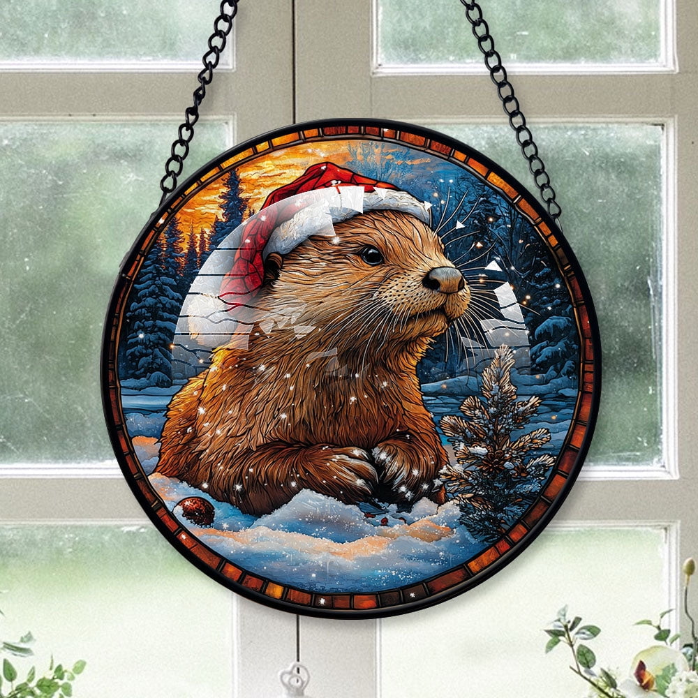 Otter Ornament Christmas 2025, Otter Stained Glass Window Hanging ...