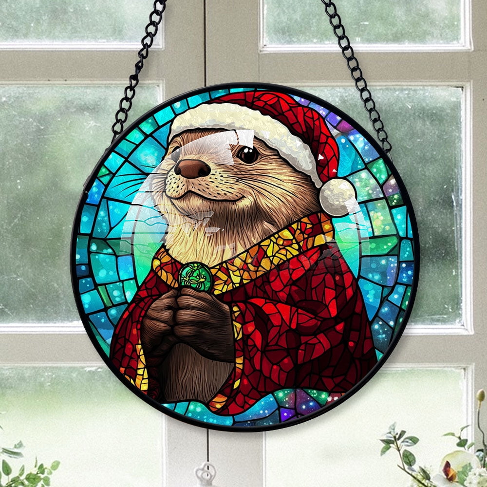 Otter Ornament Christmas 2025, Otter Stained Glass Window Hanging ...