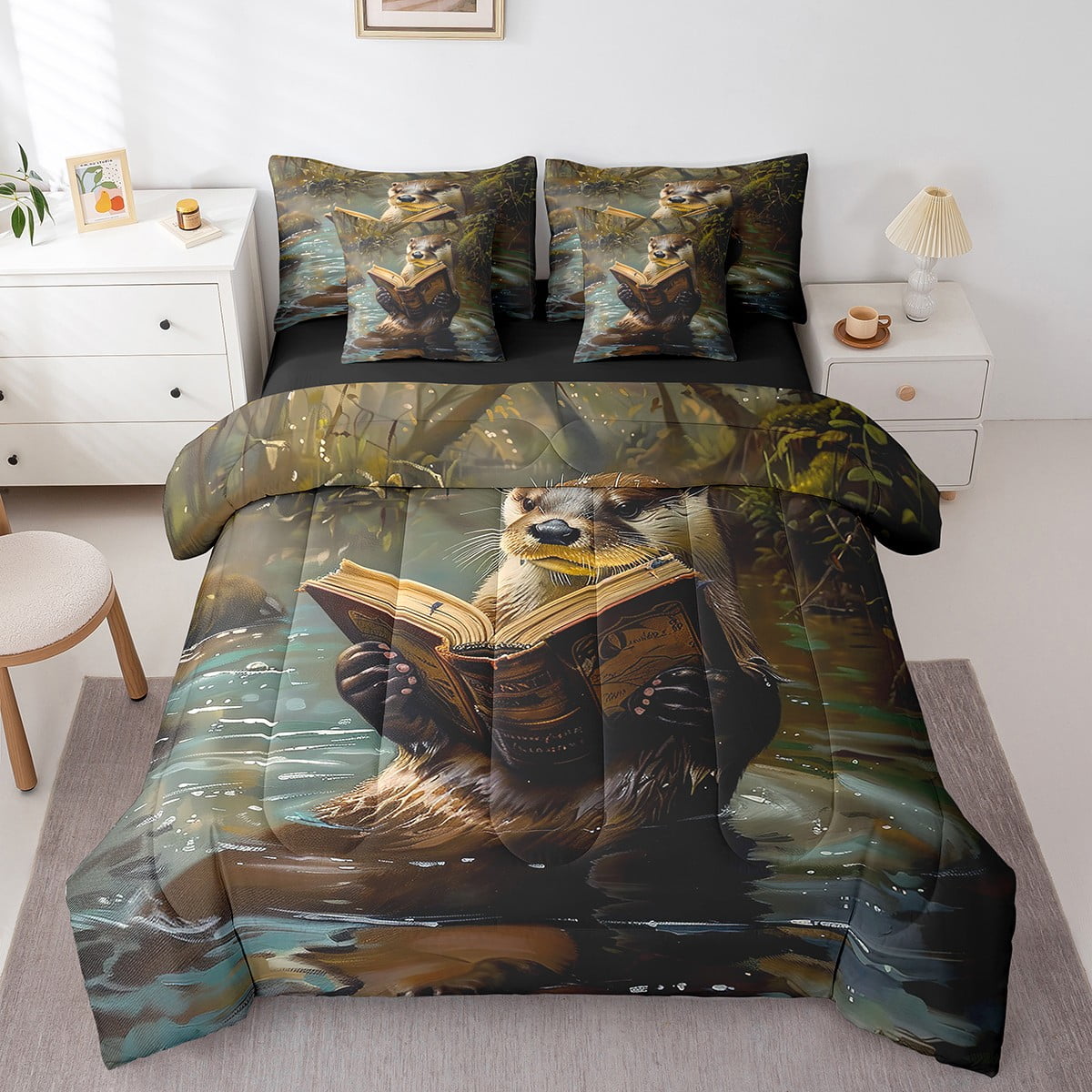 Otter Reading 7 Pieces Bedding Set Queen,Jungle River Wild Animal ...