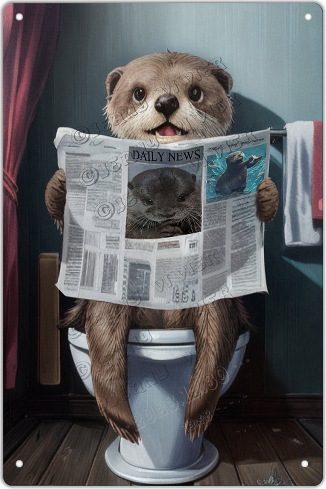 Otter on Toilet Reading Newspaper Metal Signs Vintage Bathroom Aluminum ...