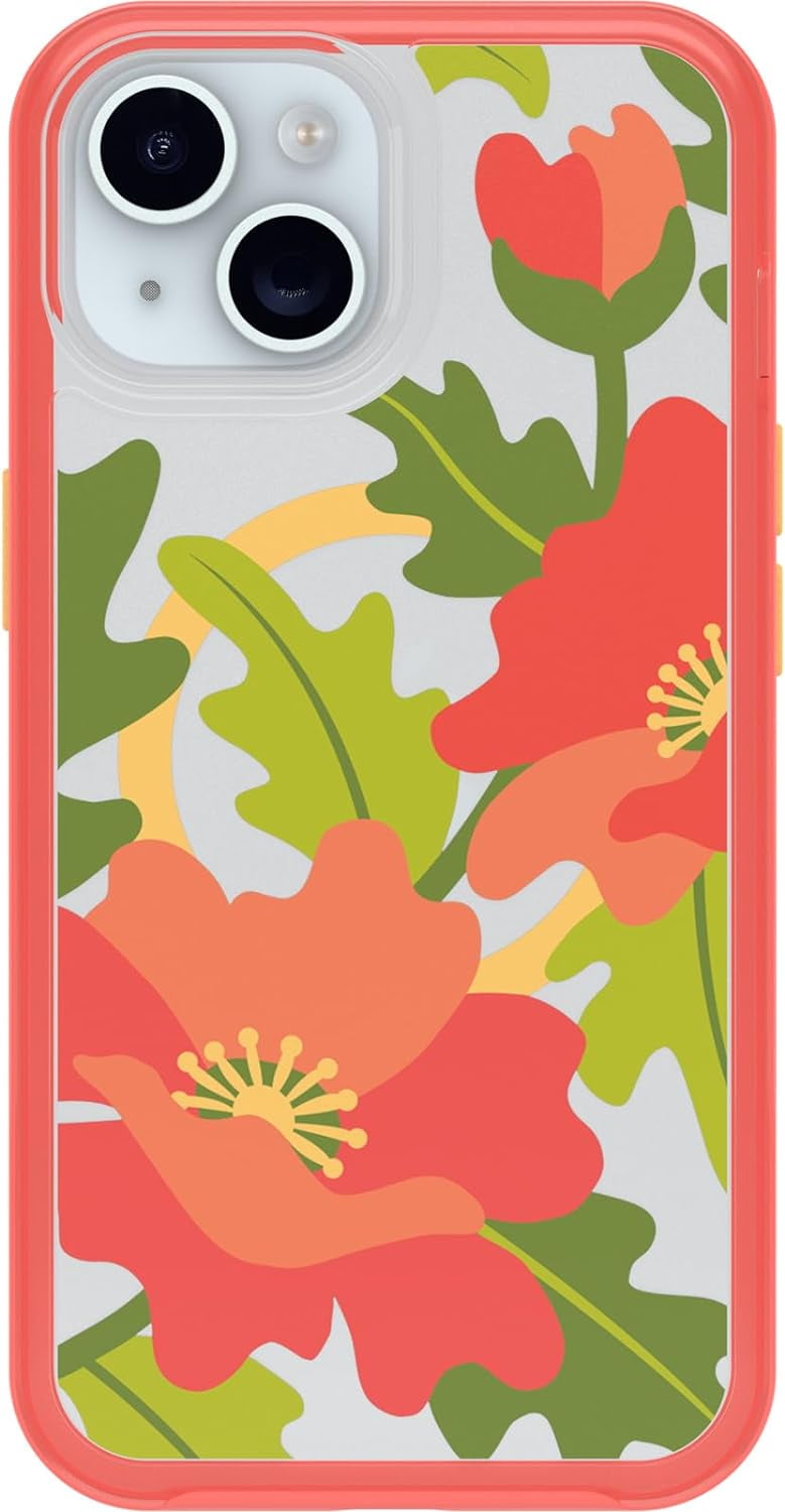 OtterBox iPhone 15, iPhone 14, and iPhone 13 Symmetry Series Clear Case - Quilted Poppies (Red ...