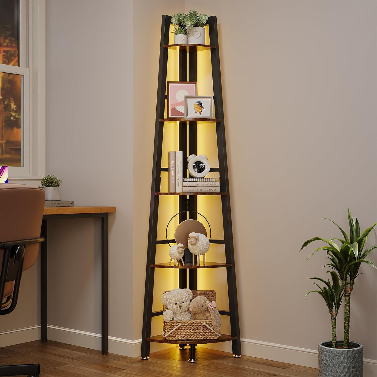 OtterOsis 70" 5-Tier Corner Shelf with LED Light (Rustic Brown, Ladder ...