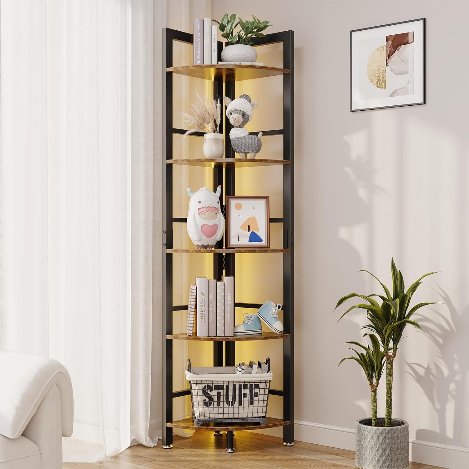 OtterOsis Corner Shelf Stand, 5-Tier Corner Shelf with LED Light, 70 ...