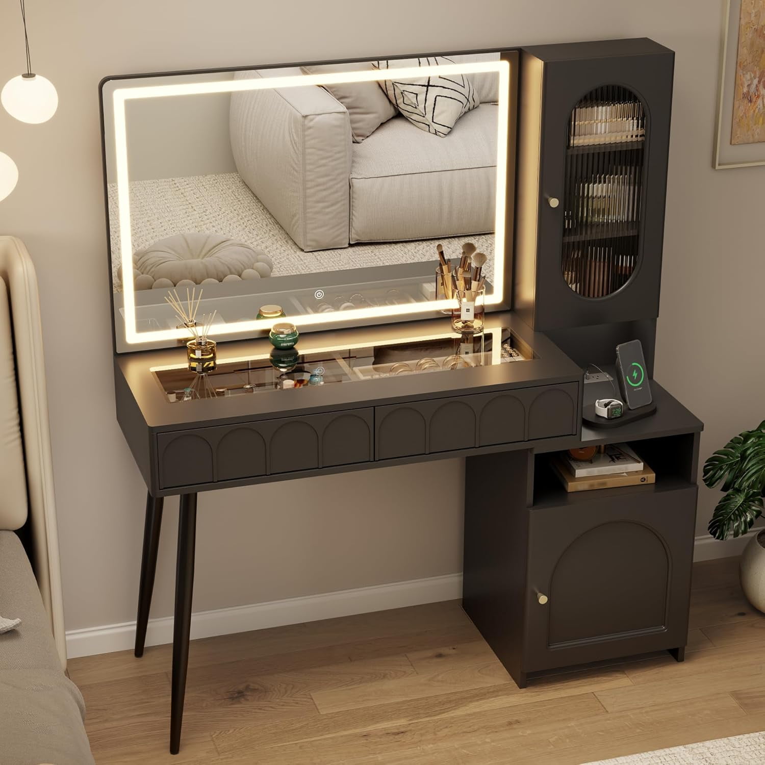 Otterease Vanity Desk with Mirror and Lights, Fluted Makeup Vanity with ...