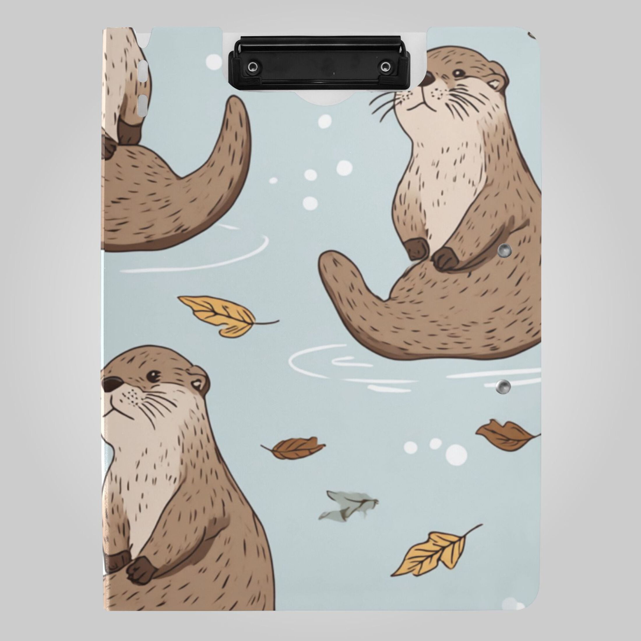 Otters in Water Leaves Foldable Binder Folder Clipboard with Pen Slot Double Clips A4 Size File ...