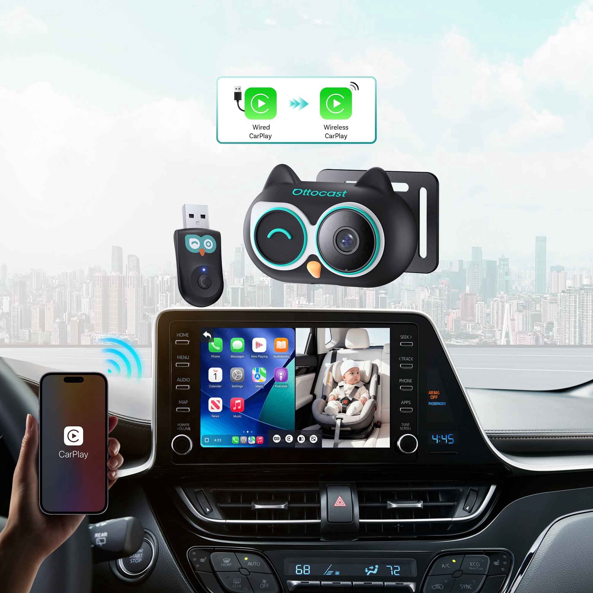 Ottocast Cabin Care Wireless CarPlay Adapter Car Rear Seat Camera for ...