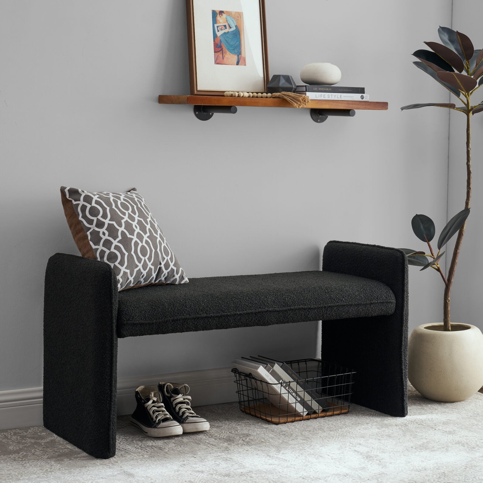 Ottoman Bench, Boucle Bench with Stylish Armrests, Upholstered Bedroom ...