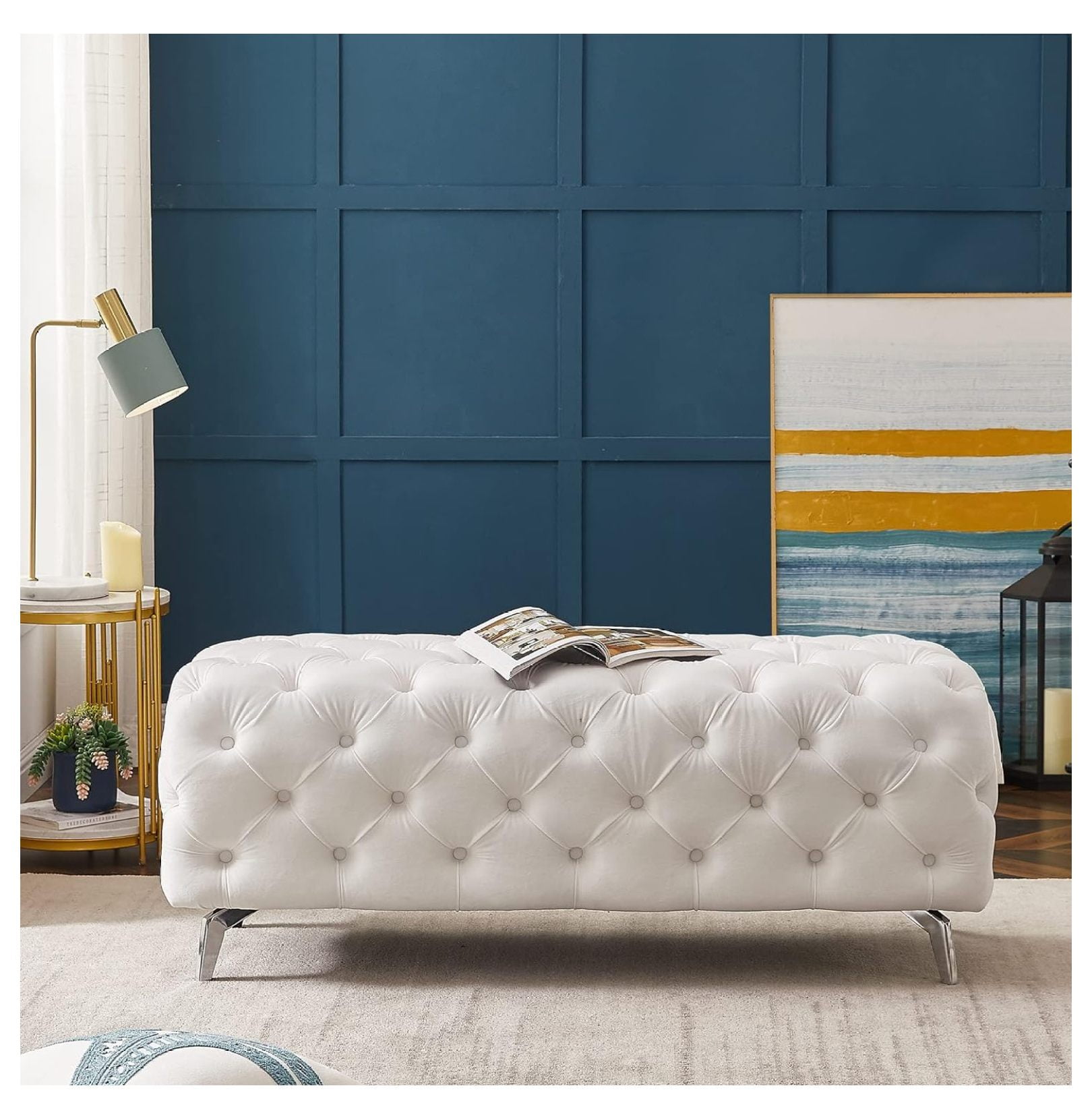 Ottoman Bench with Button Tufted, Upholstered Velvet Fabric Ottomans ...