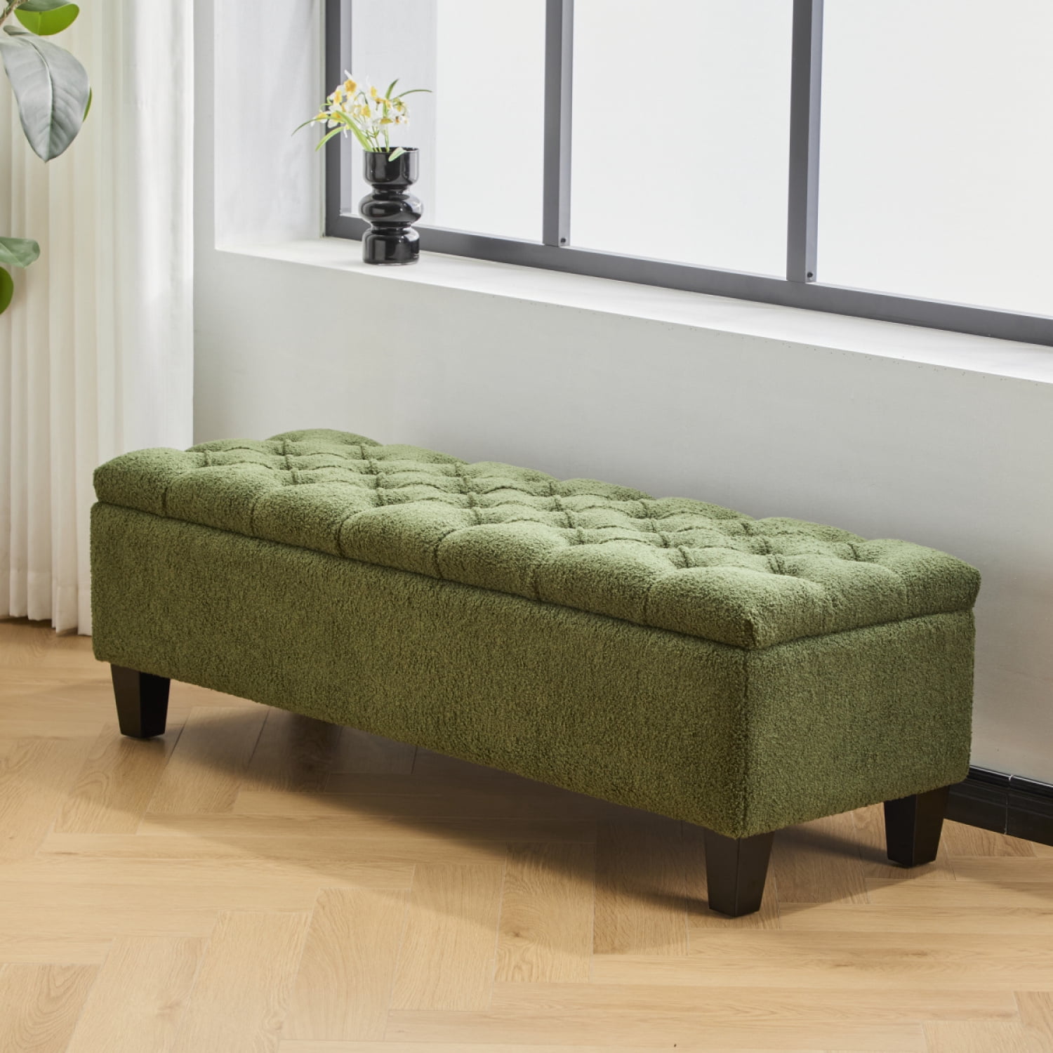 Ottoman Bench with Storage Green Boucle Surface Rubber Wood Legs 300 ...