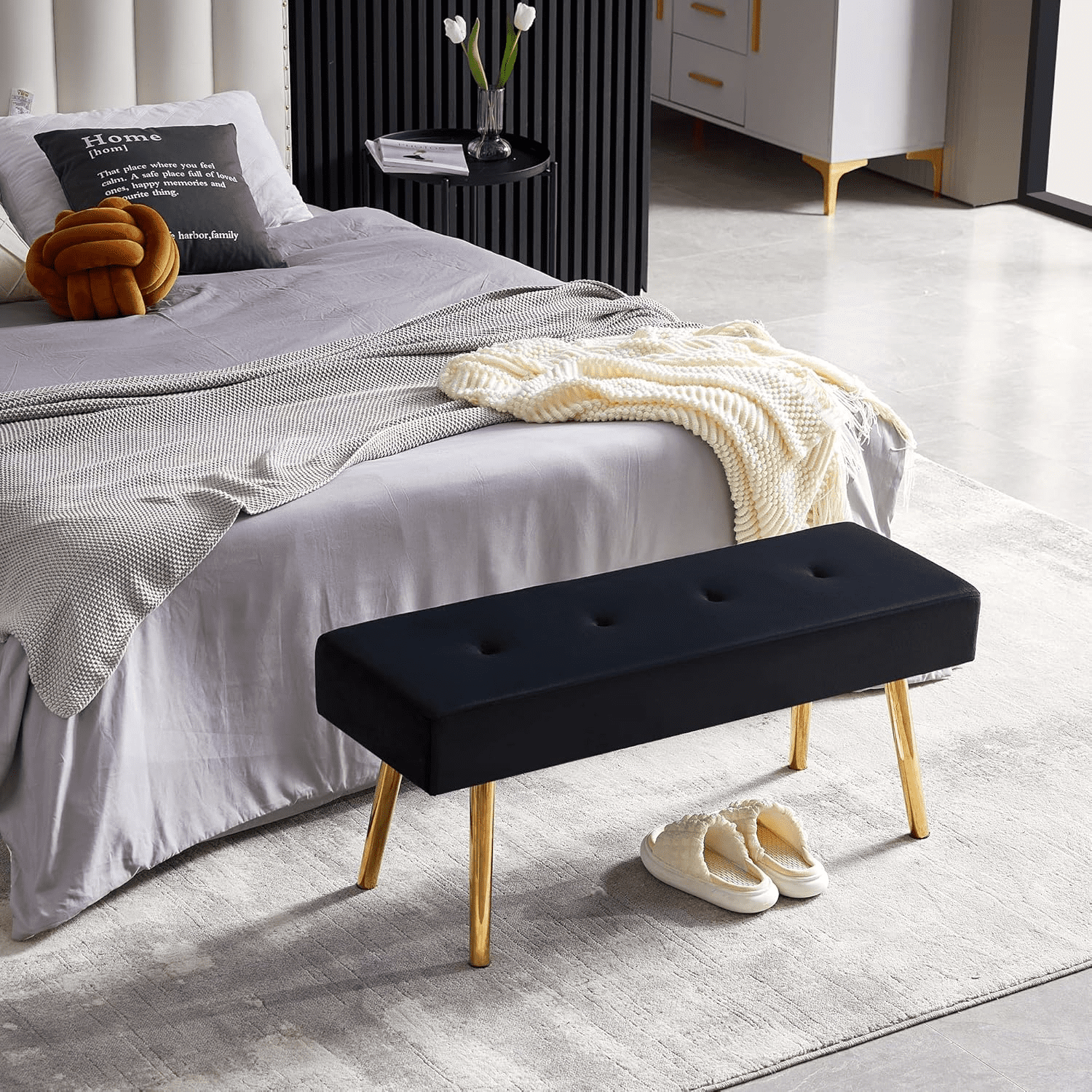 Ottoman Bench Upholstered Bedroom Benches Velvet Living Room Footrest ...