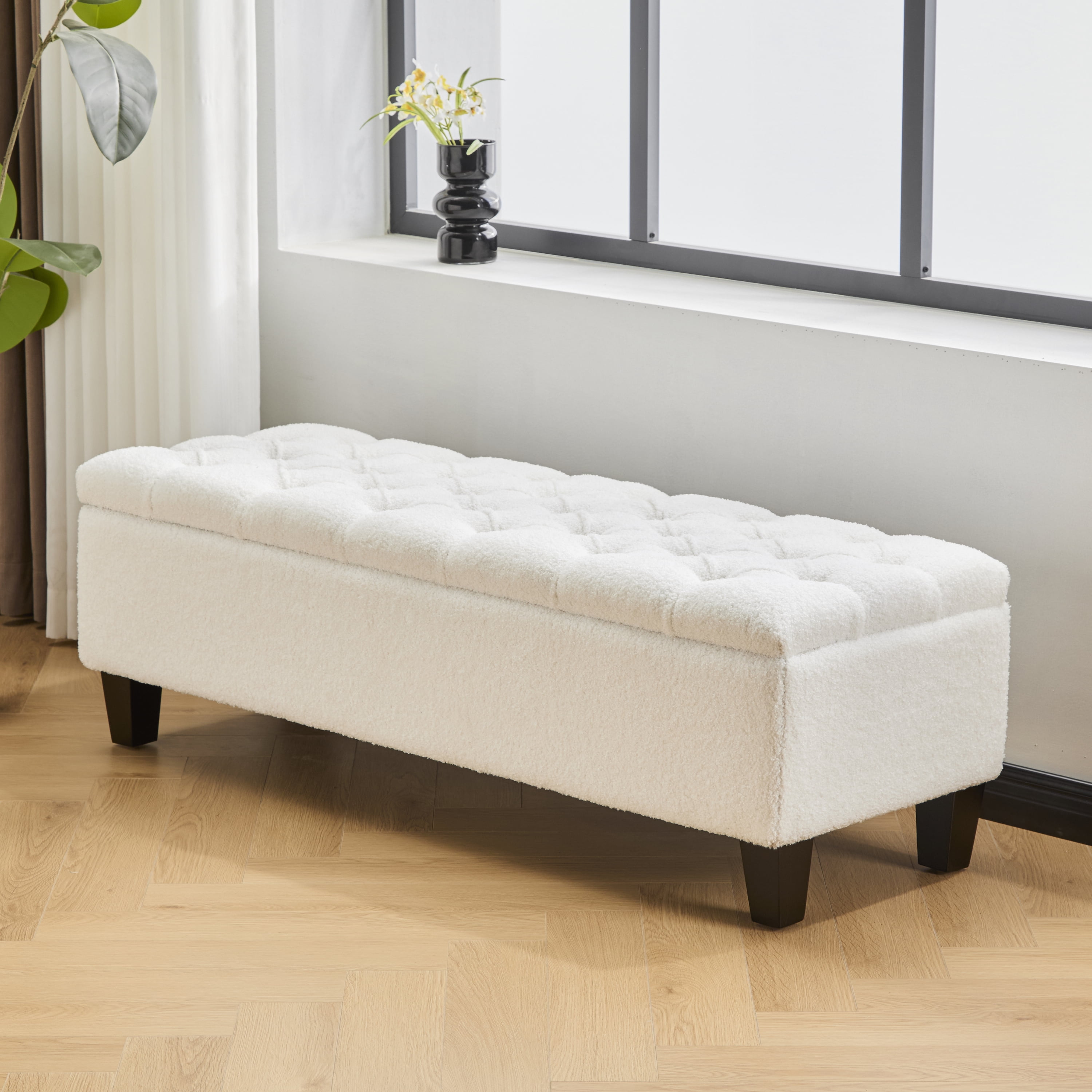 Ottoman Bench with Storage, Beige Boucle Surface, Rubber Wood Legs, 300 ...