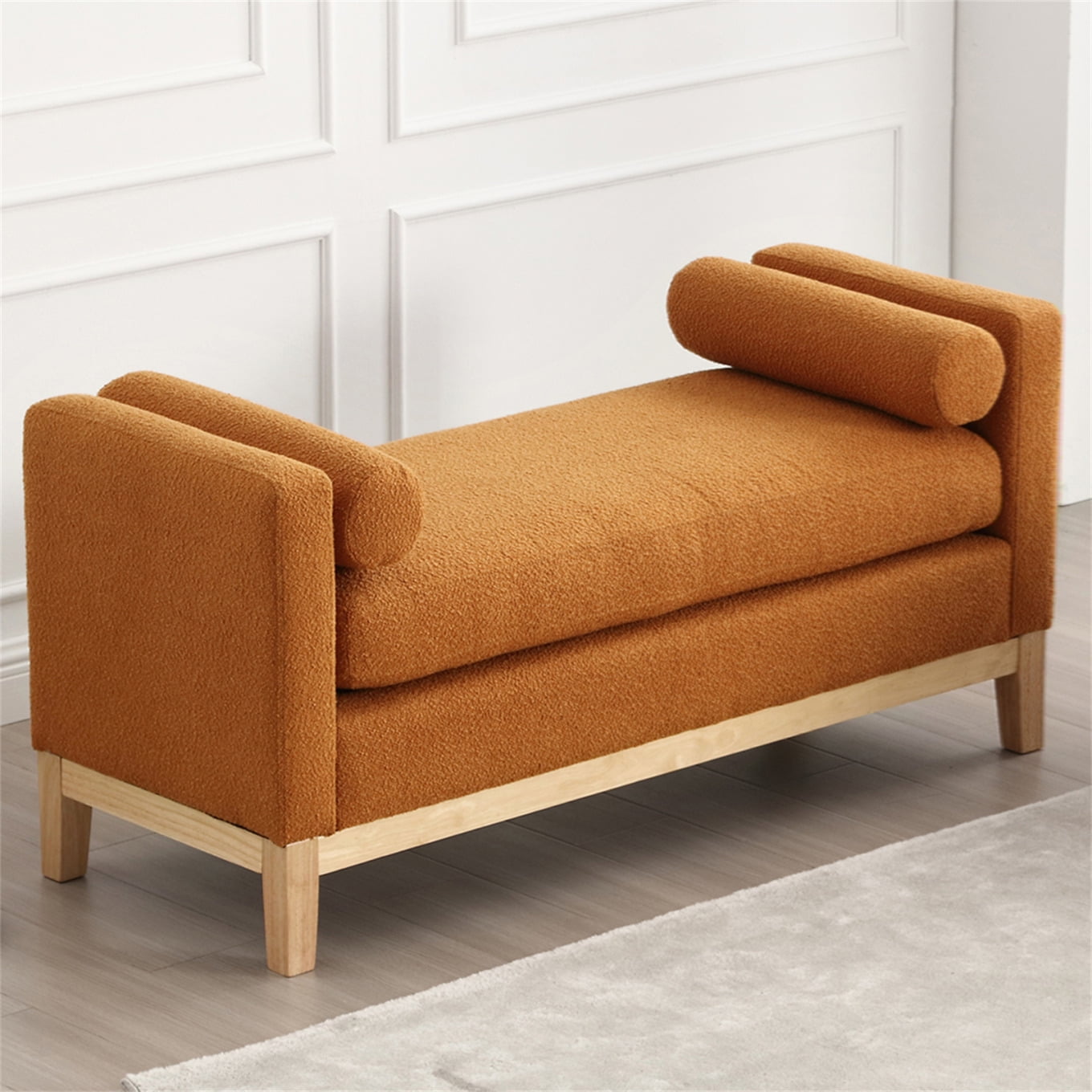 Ottoman with Bolster Pillows & Wood Legs, Upholstered Bench, Elegant ...