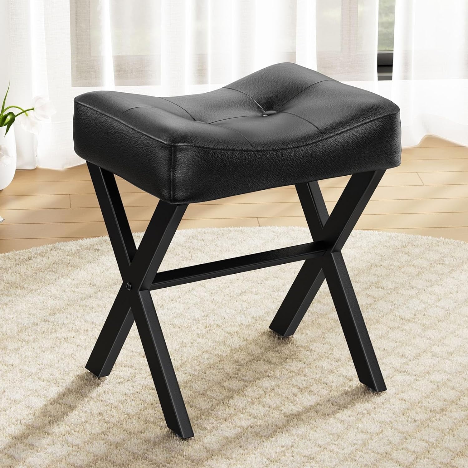 Ottoman Foot Rest, 18 inch Leather Vanity Stool Chair, Thick Padded ...