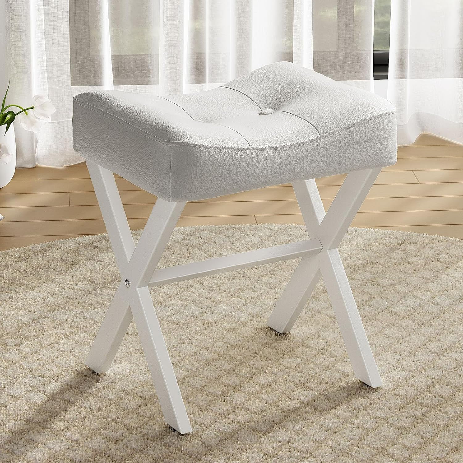Ottoman Foot Rest, 18 inch Leather Vanity Stool Chair, Thick Padded ...