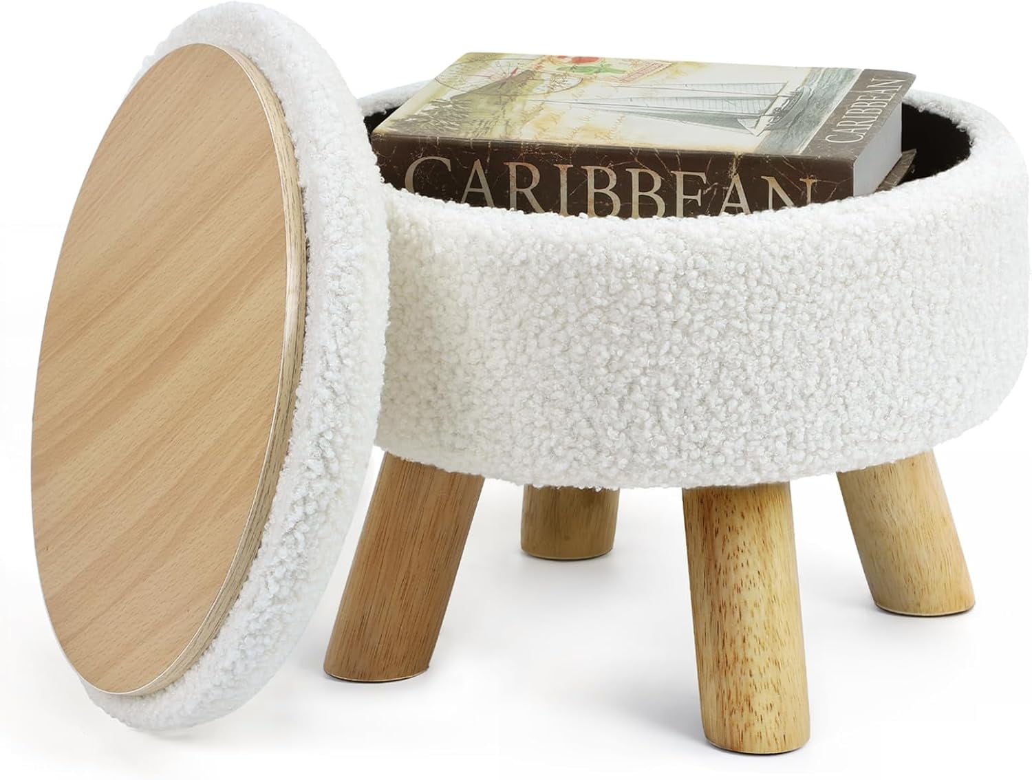 Ottoman Foot Rest, Small Round Ottoman with Storage, Boucle Teddy ...