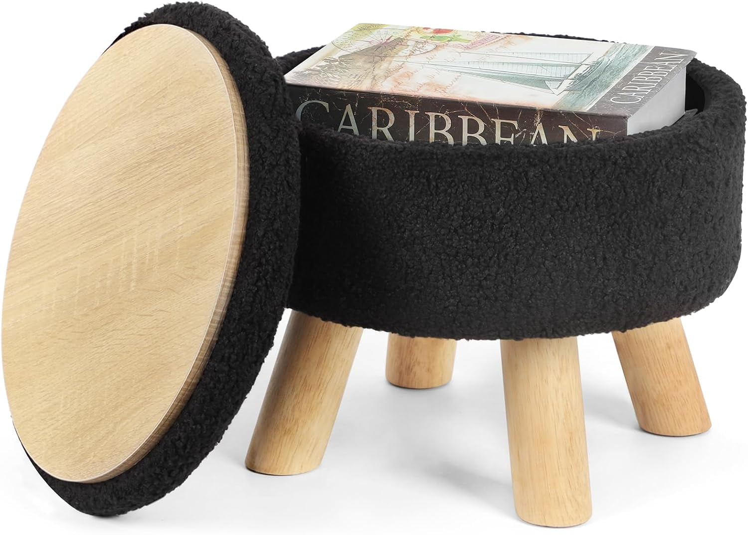 Foot Rest, Small Round Ottoman with Storage, Boucle Teddy Velvet ...