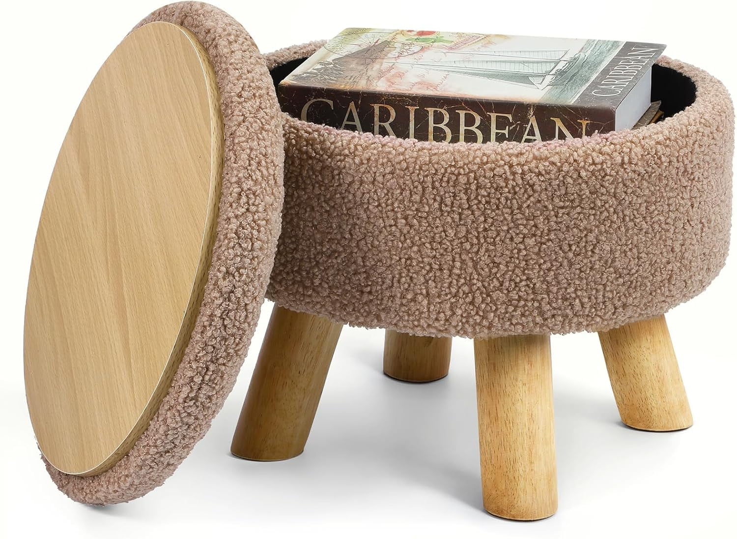 Ottoman Foot Rest, Small Round Ottoman with Storage, Boucle Teddy ...