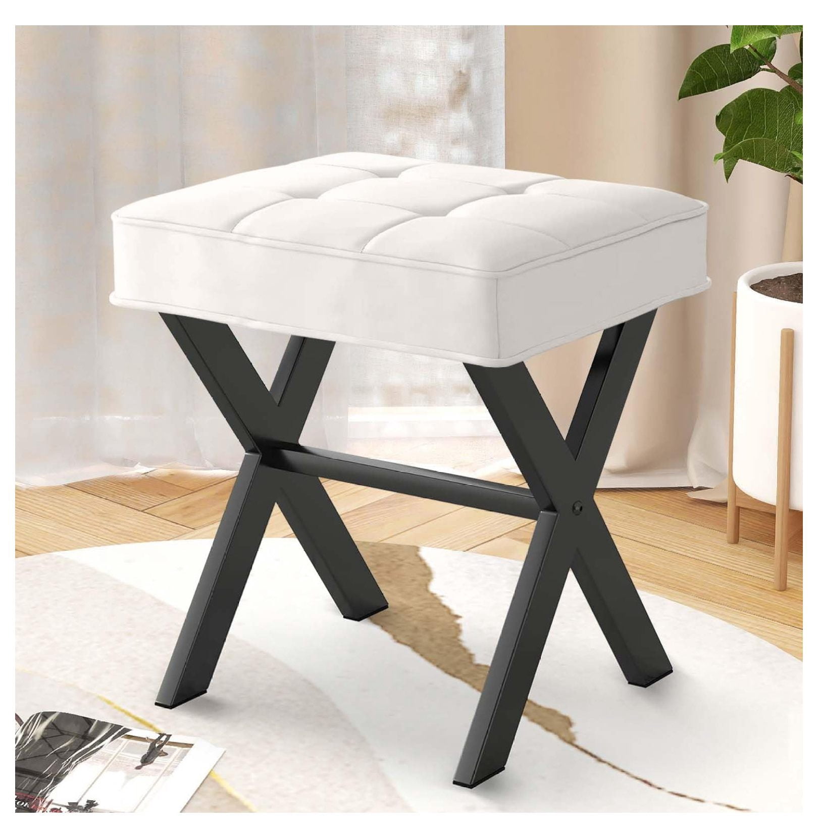 Ottoman Foot Stool, Upholstered Cushion Vanity Stool with Black Metal X ...