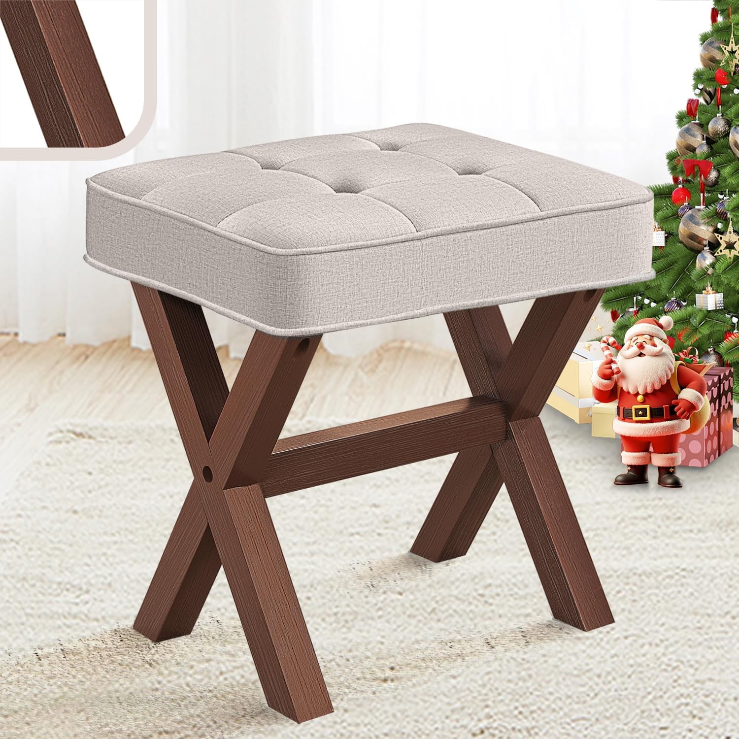 Ottoman Foot Stool,Upholstered Cushion Vanity Stool with Walnut Wood X ...