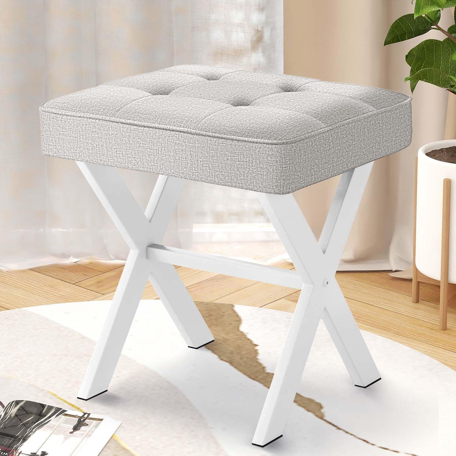 Ottoman Foot Stool, Upholstered Cushion Vanity Stool with White Metal X ...