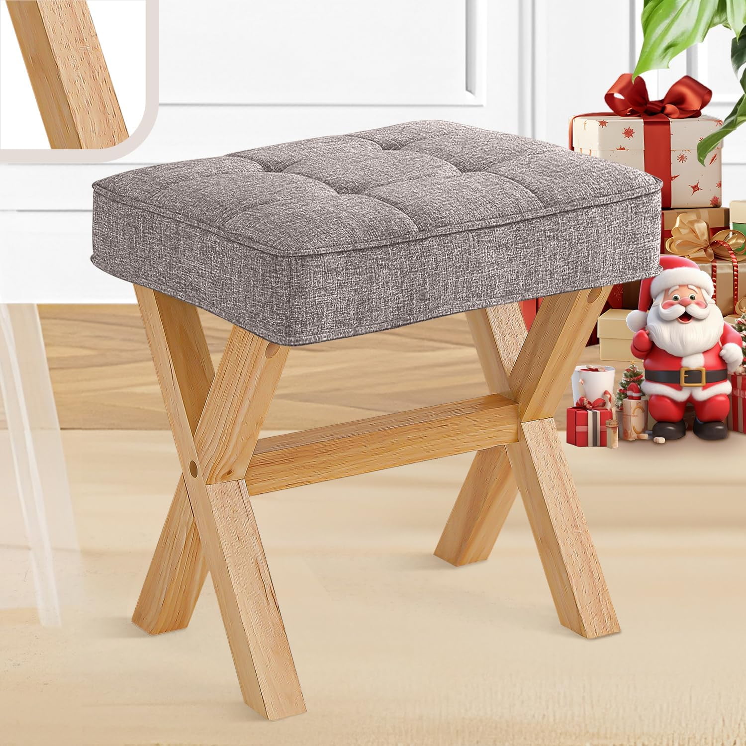Ottoman Foot Stool, Upholstered Cushion Vanity Stool with Wood X-Leg ...