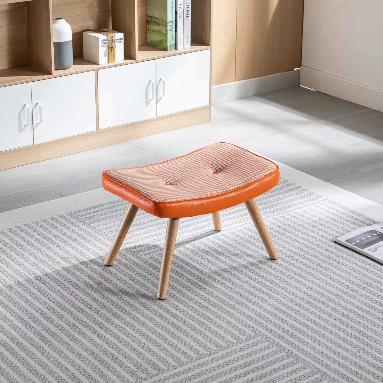 Ottoman Footrest Stool Upholstered Step Stool Ottomans 4 Wood Legs with ...