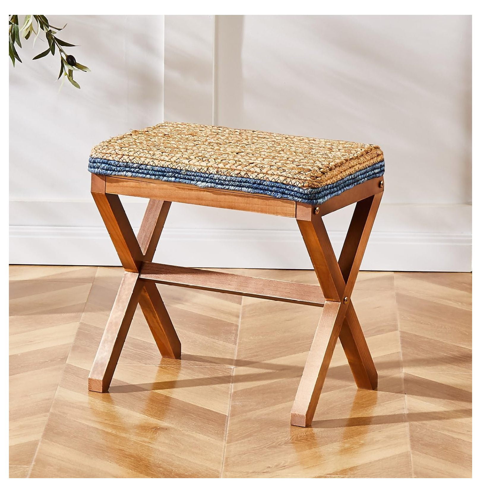Ottoman Footstool Natural Seagrass Footrest Pouf Ottomans with X Wooden ...