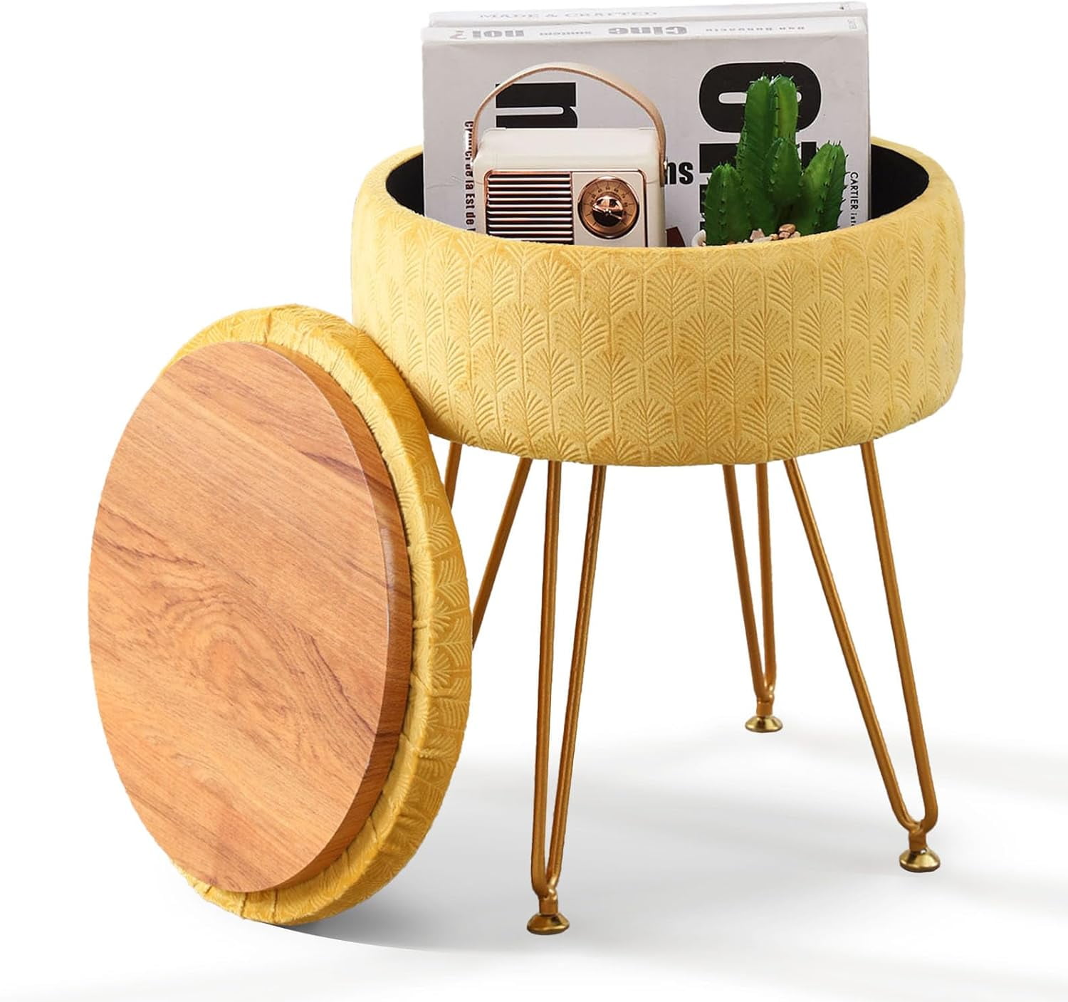 Ottoman Footstools Round Velvet Footrest Stool with Storage Space Soft ...