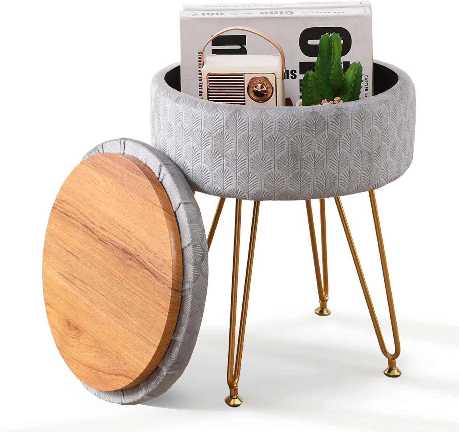 Ottoman Footstools Round Velvet Footrest Stool with Storage Space Soft ...