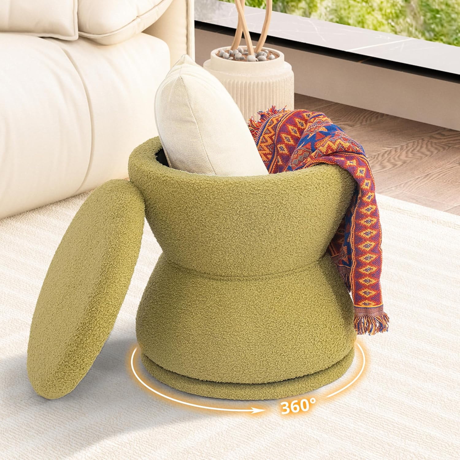 Ottoman with Storage, 360° Swivel Boucle Ottoman Vanity Stool ...