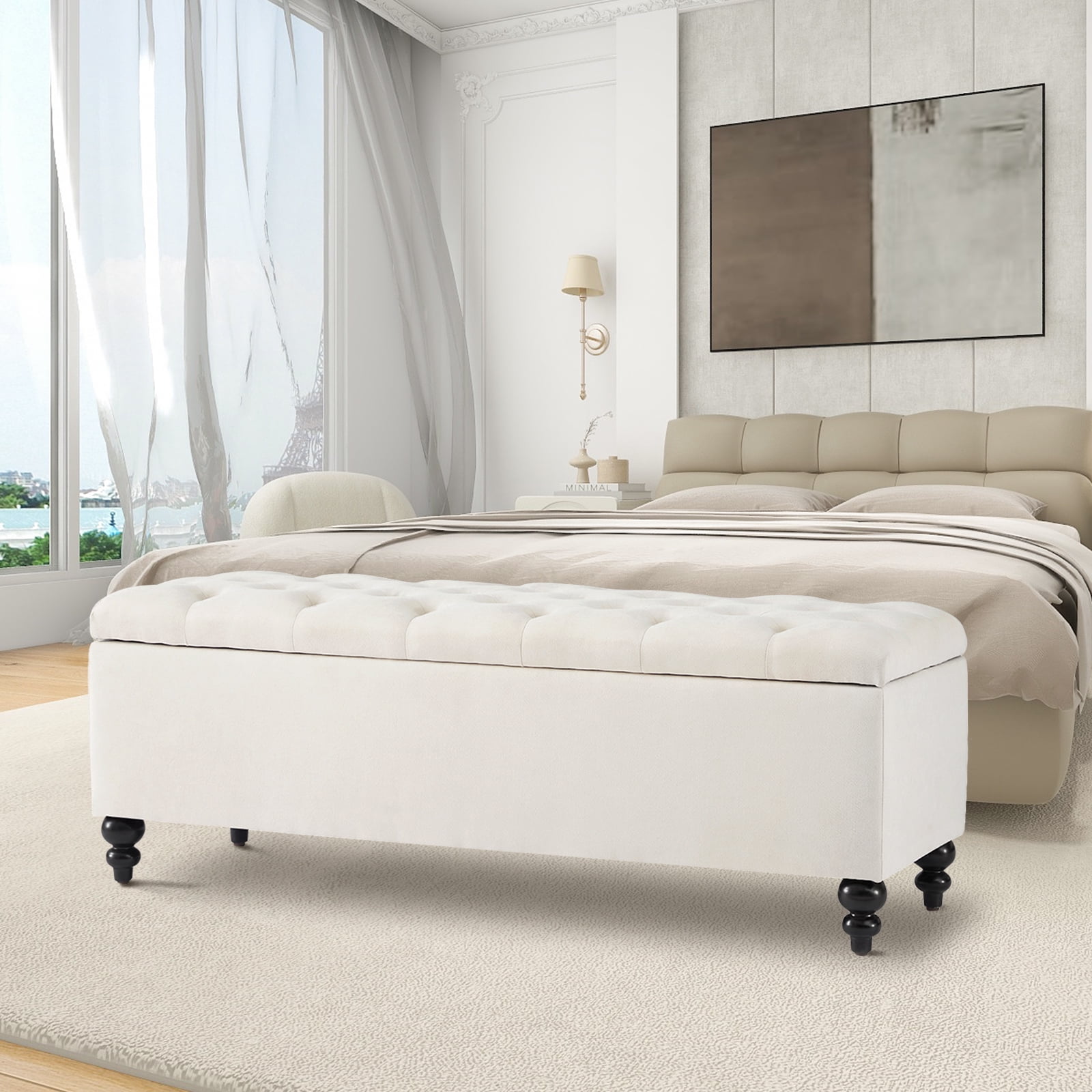 Upholstered Fabric Storage Ottoman Bench 50 2 Inches Button Tufted