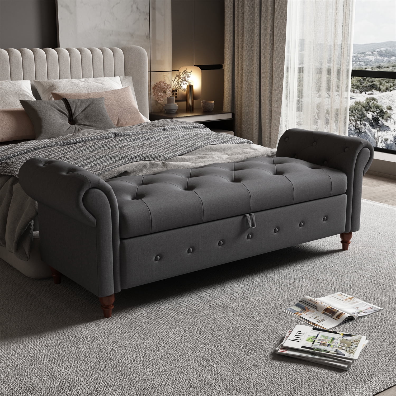 Ottoman with Storage, 63" Button-Tufted Upholstered Storage Ottoman ...
