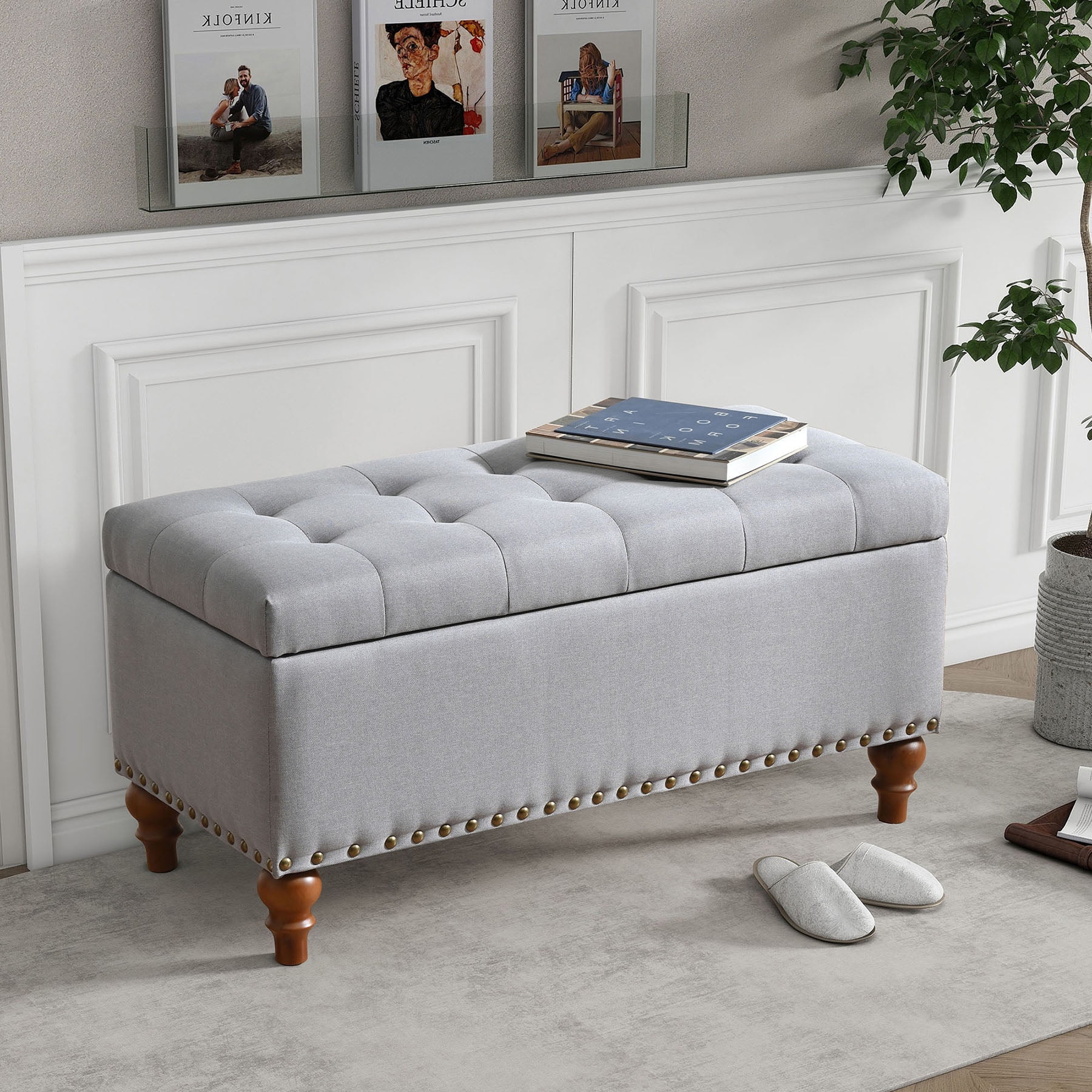Ottoman Storage Bench with Recessed Support Hinge Top in Linen, Perfect ...